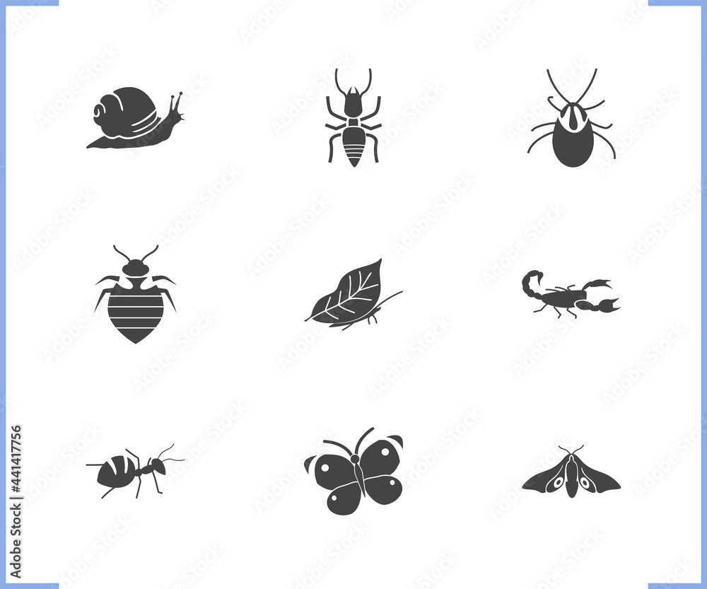 Insects icon set and snail with bedbug, emperor scorpion and eyed hawk ...
