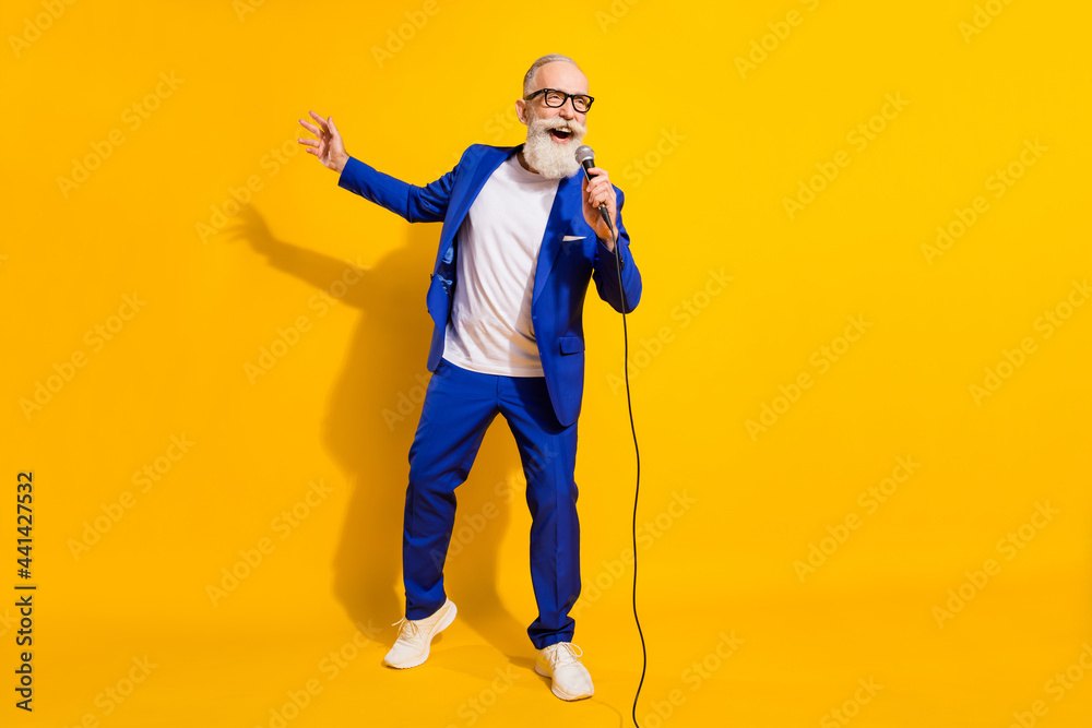 Full Size Photo Of Happy Cheerful Good Mood Mature Businessman Singing