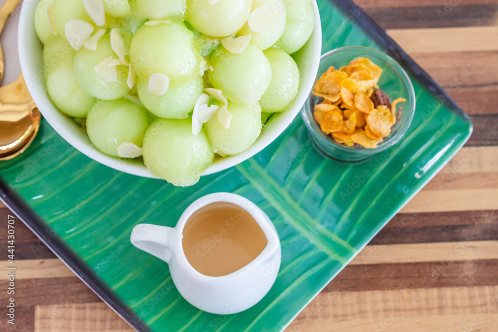 Ice watermelon Bingsu with sliced almond. Bingsu or Bingsu is a Korean ...