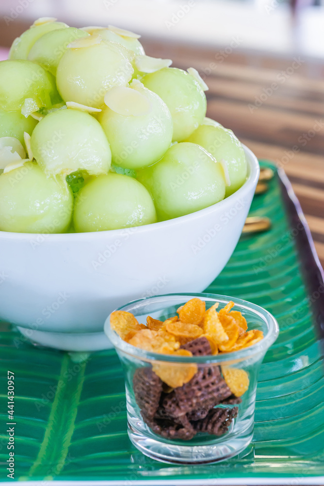 Ice watermelon Bingsu with sliced almond. Bingsu or Bingsu is a Korean ...