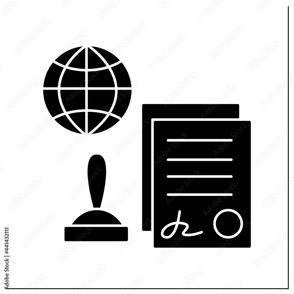 Notarial services glyph icon. Certified by notary public.Sign agreement ...