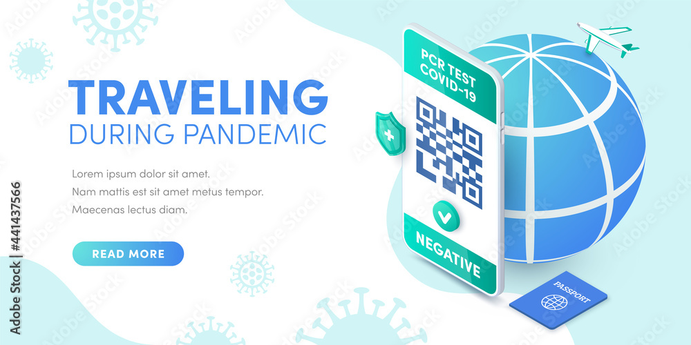 Traveling during pandemic isometric banner. Negative coronavirus pcr ...