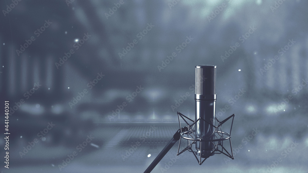 Microphone standing on stage above bluring concert hall. Waiting for ...