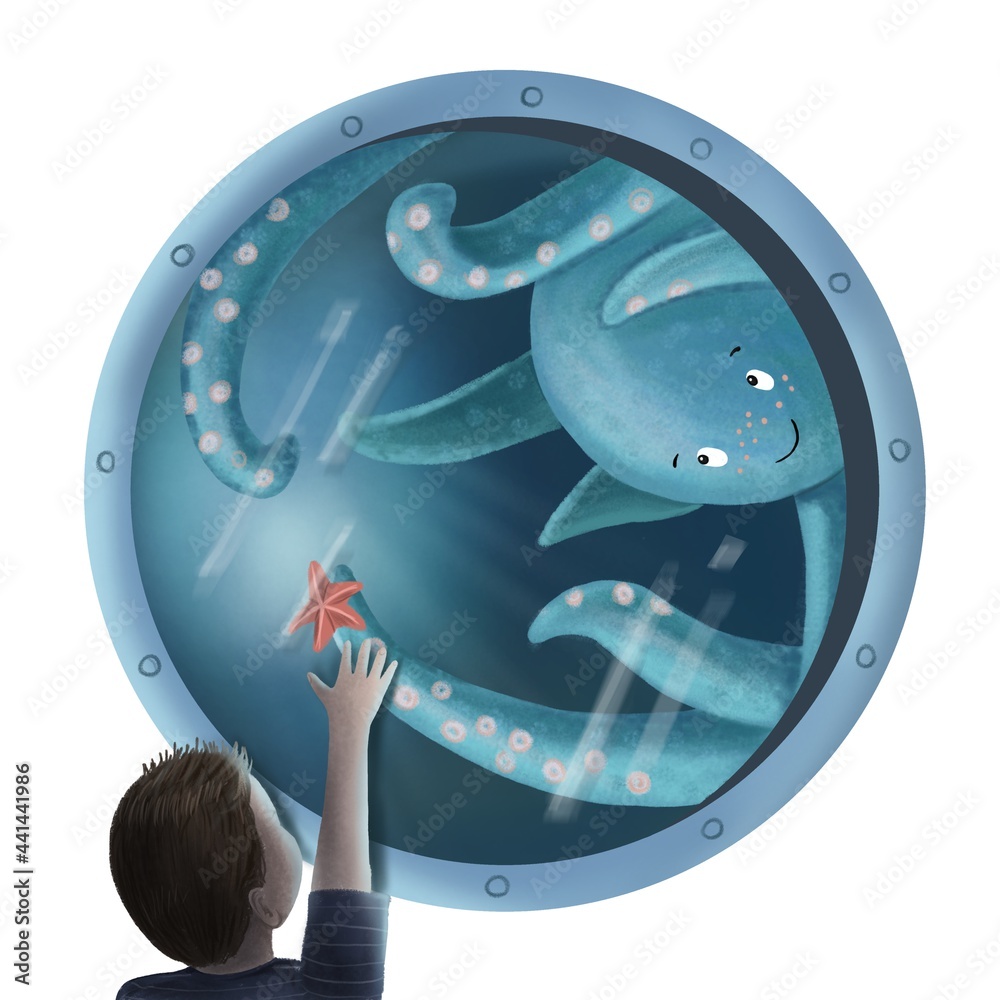 Cute cartoon octopus looking at porthole meeting little boy ...