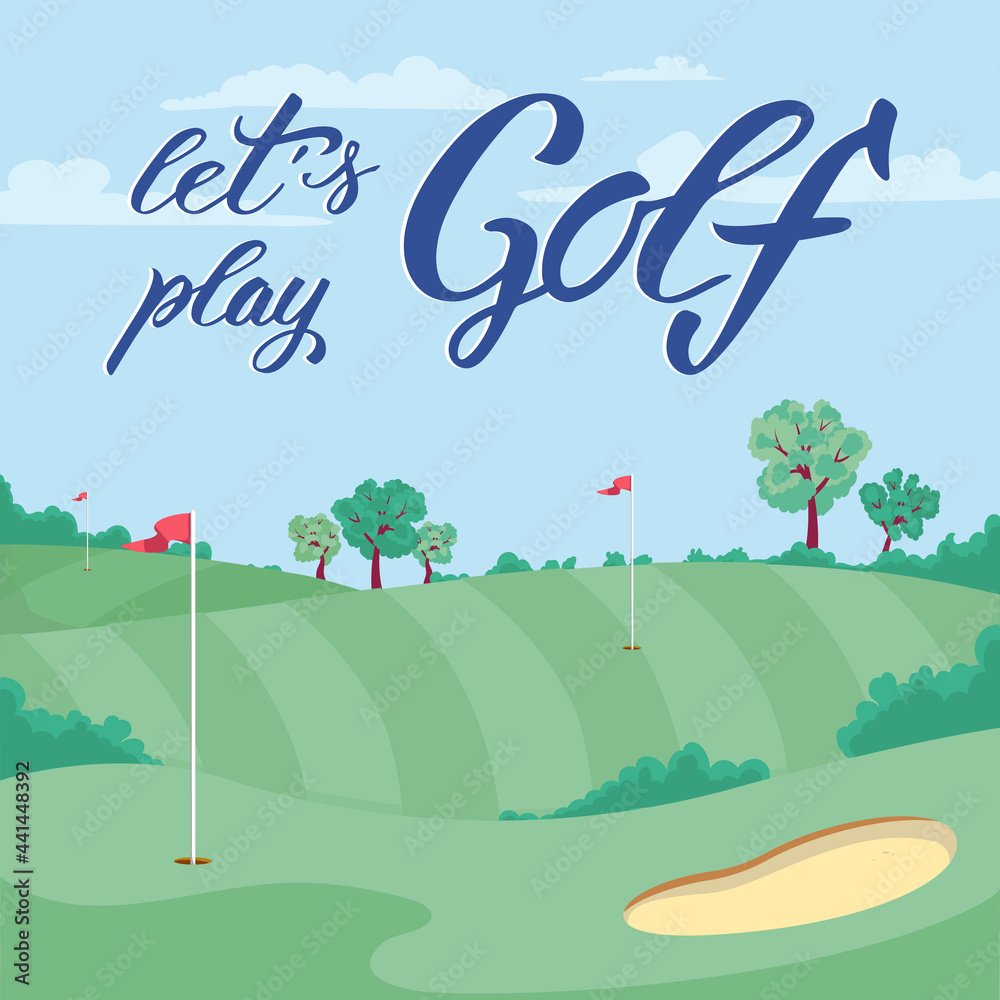 Let's play golf. Landscape of the golf course. Green field, lake, and ...