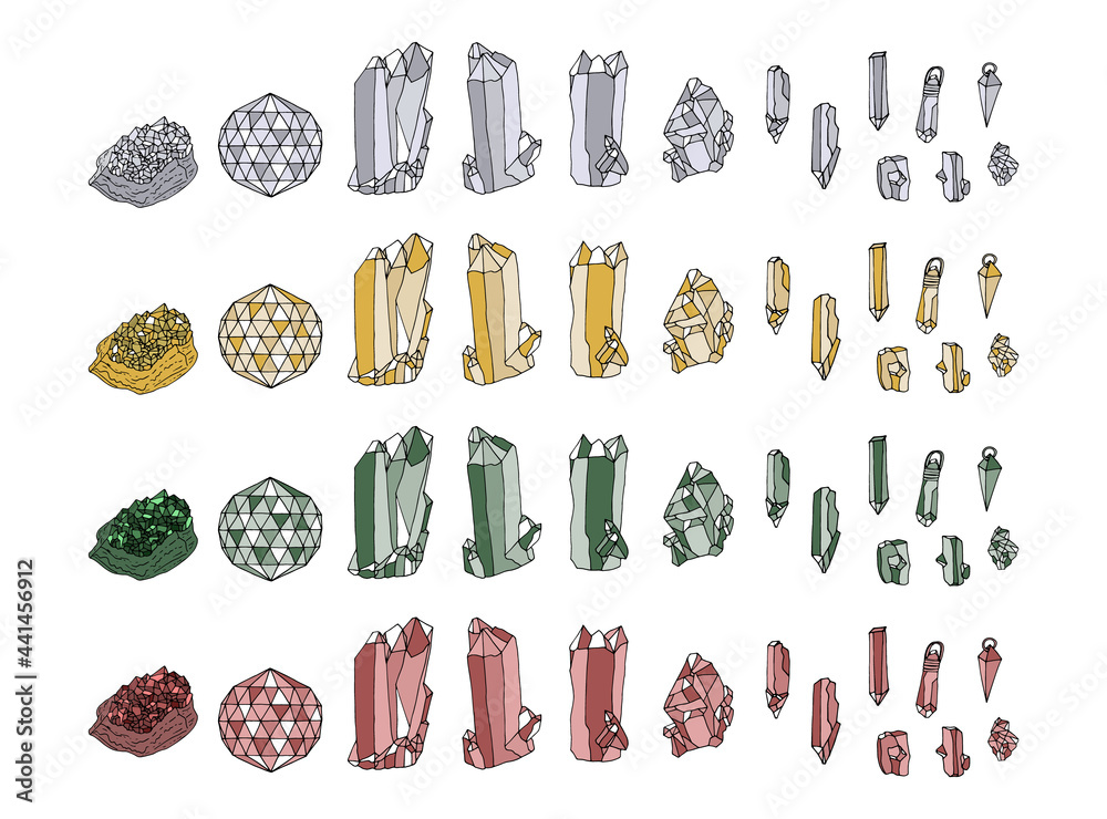 Line art illustration of hand drawn gemstones and crystals set ...