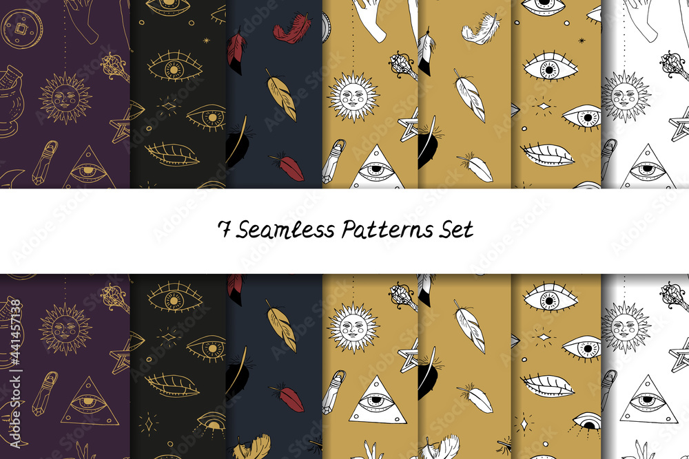 Seamless patterns set with hand drawn doodle line art celestial bodies ...