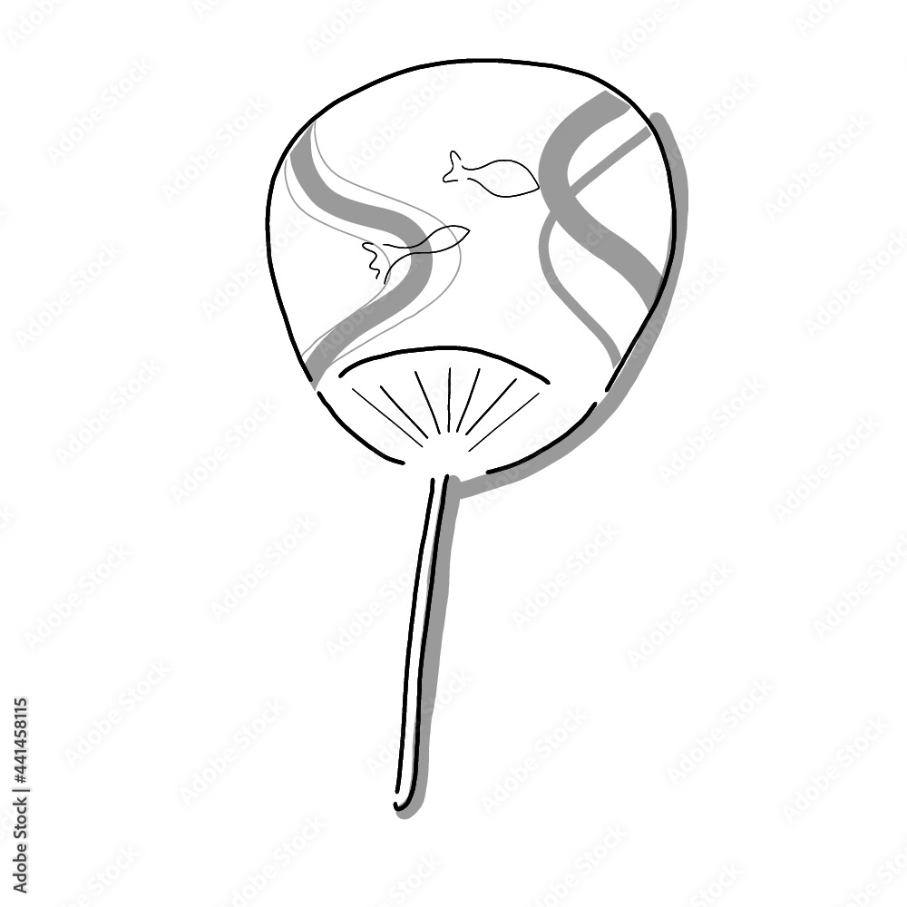 hand drawn illustration of hand hold fan with fish design in simple ...