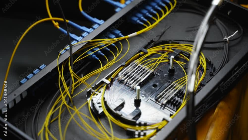 Worker connects optical line internet wire in connection box. Service ...
