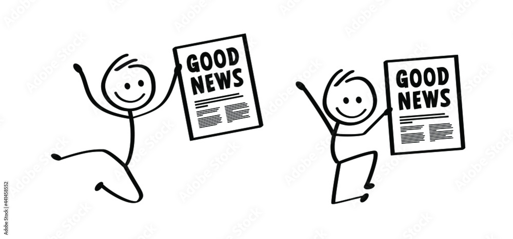 Greet news. Cartoon stickman with good news and bad news. Vector stick ...