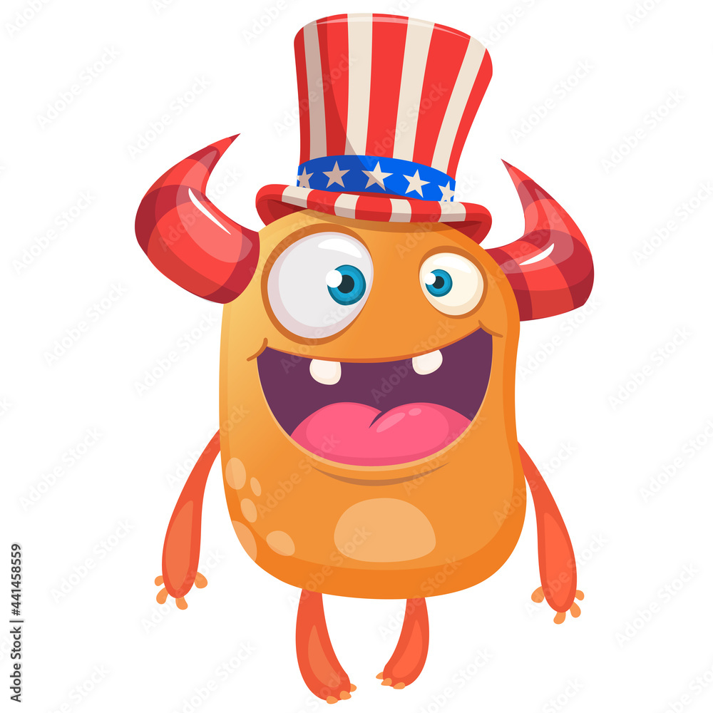 Cartoon funny monster wearing Amirican uncle Sam hat on USA ...