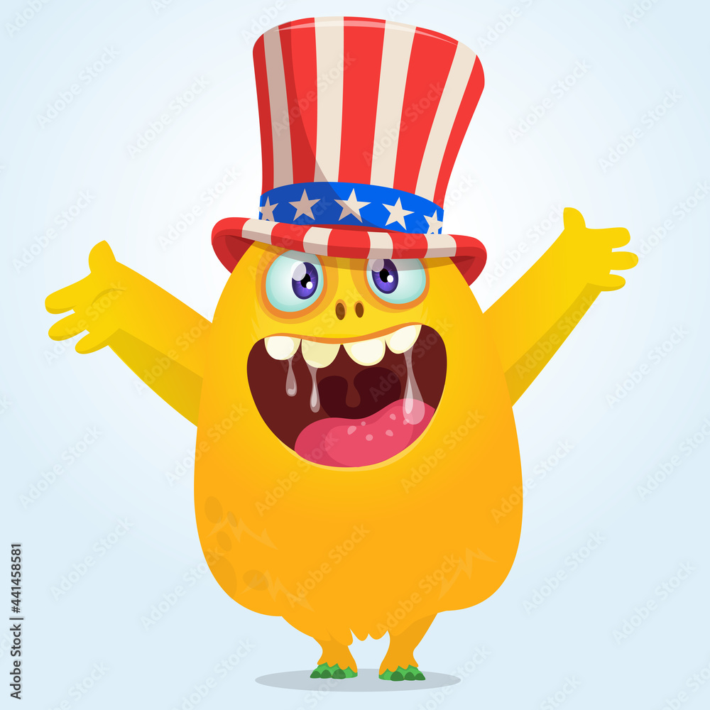 Cartoon funny monster wearing Amirican uncle Sam hat on USA ...