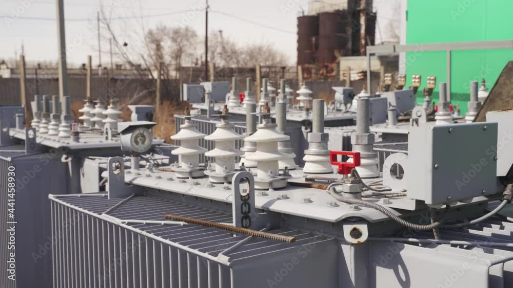 Power transformer at electrical distributing substation warehouse. High ...