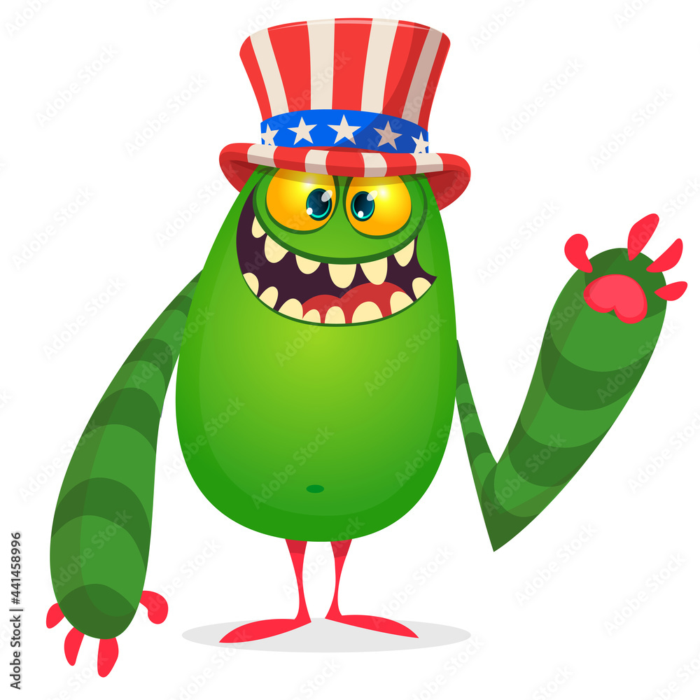 Cartoon funny monster wearing Amirican uncle Sam hat on USA ...