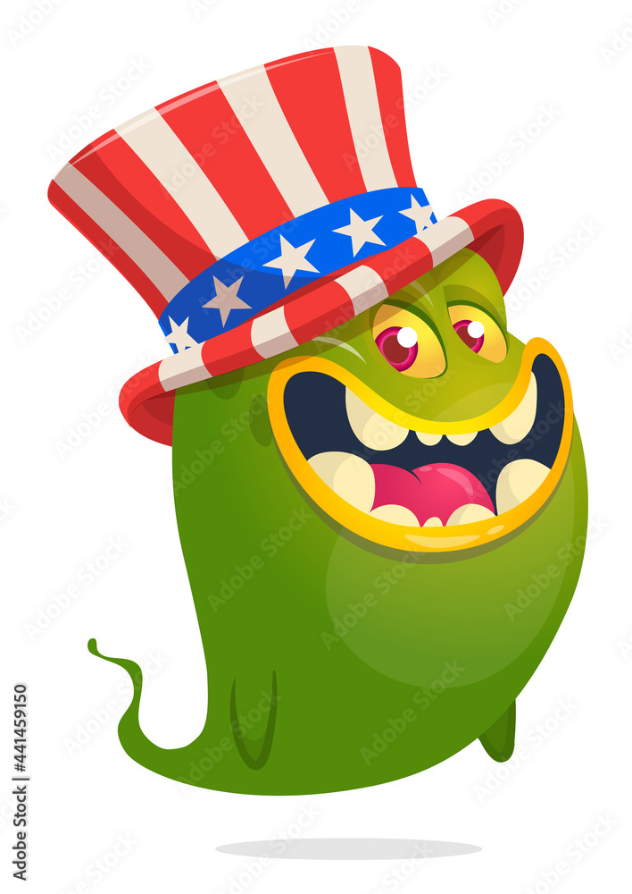 Cartoon funny monster wearing Amirican uncle Sam hat on USA ...