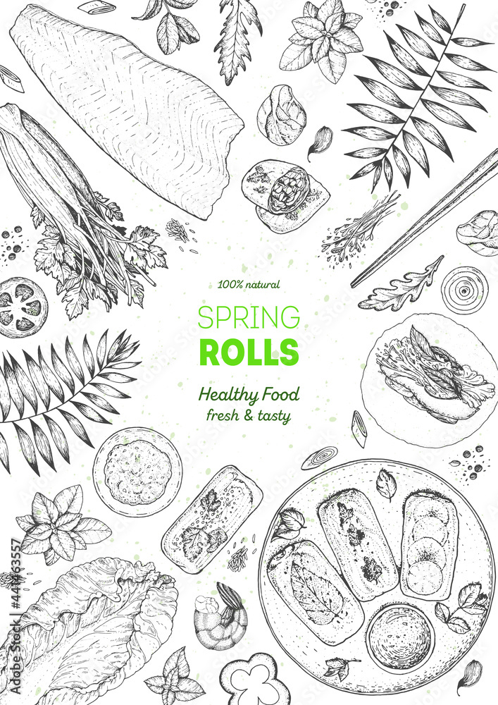 Asian food menu design template. Spring rolls and ingredients for ...