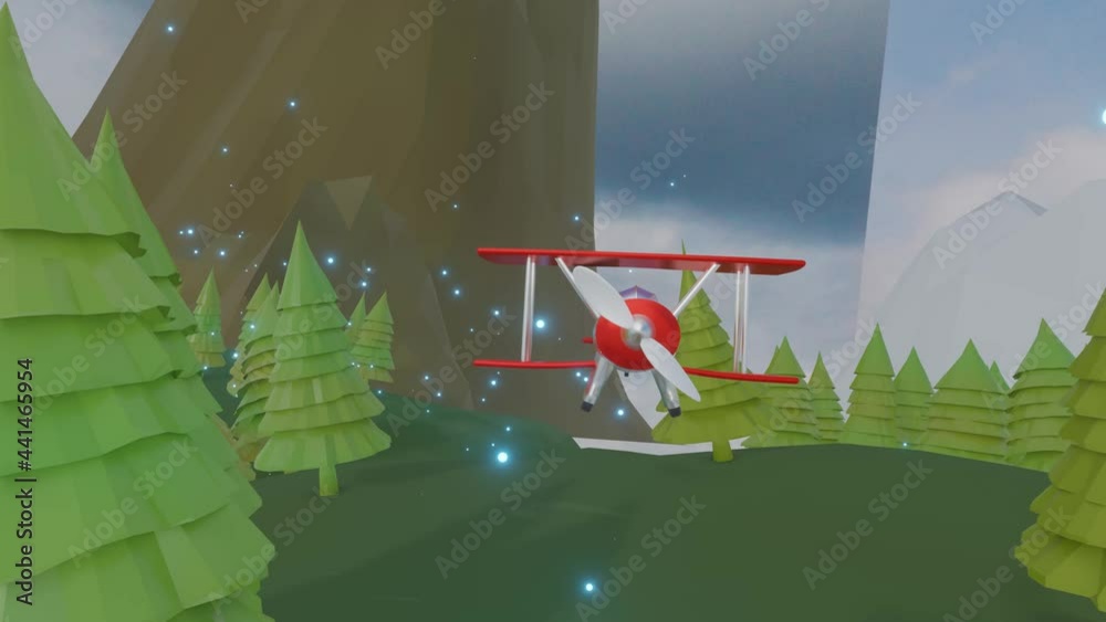 3D model of a toy biplane flying through a low poly landscape with ...