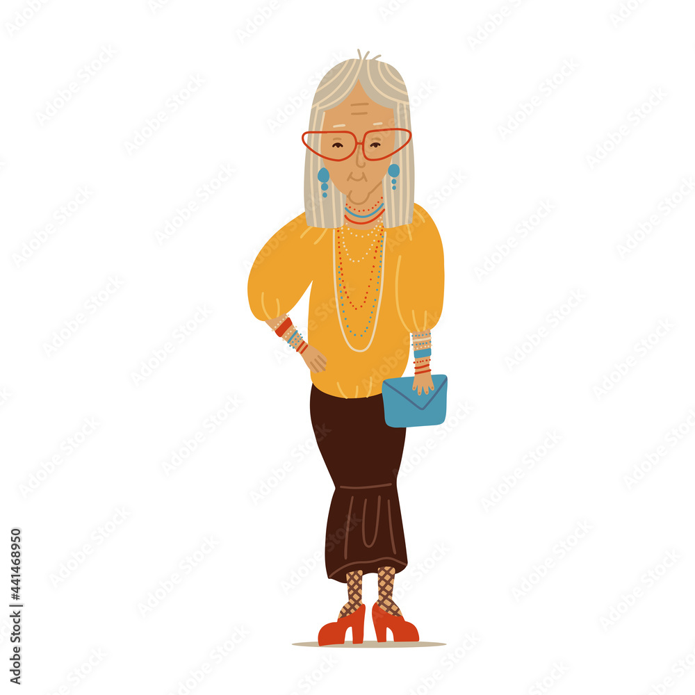 Beautiful old woman in elegant trendy clothes. Senior female cartoon ...