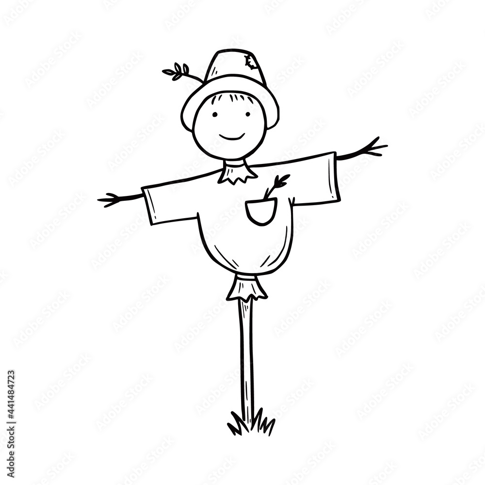 Hand drawn scarecrow. Doodle sketch style. Drawing line simple ...