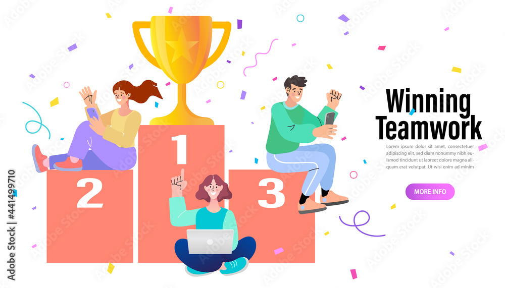 Business teamwork winner concept. People holding the golden trophy to ...