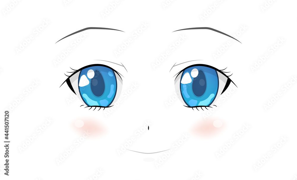 Happy anime face. Manga style big blue eyes, little nose and kawaii ...