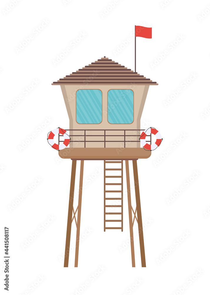 Wooden lifeguard house in flat design. Retro life guard tower isolated ...