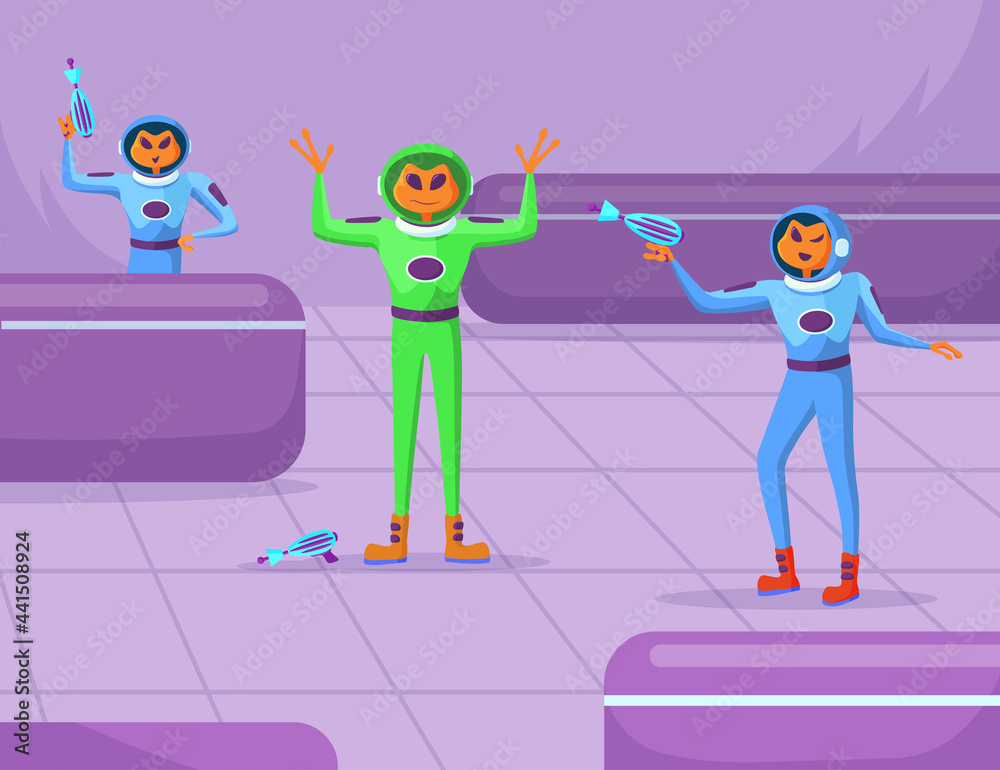 Cartoon aliens characters with guns staging robbery in store. Scared ...