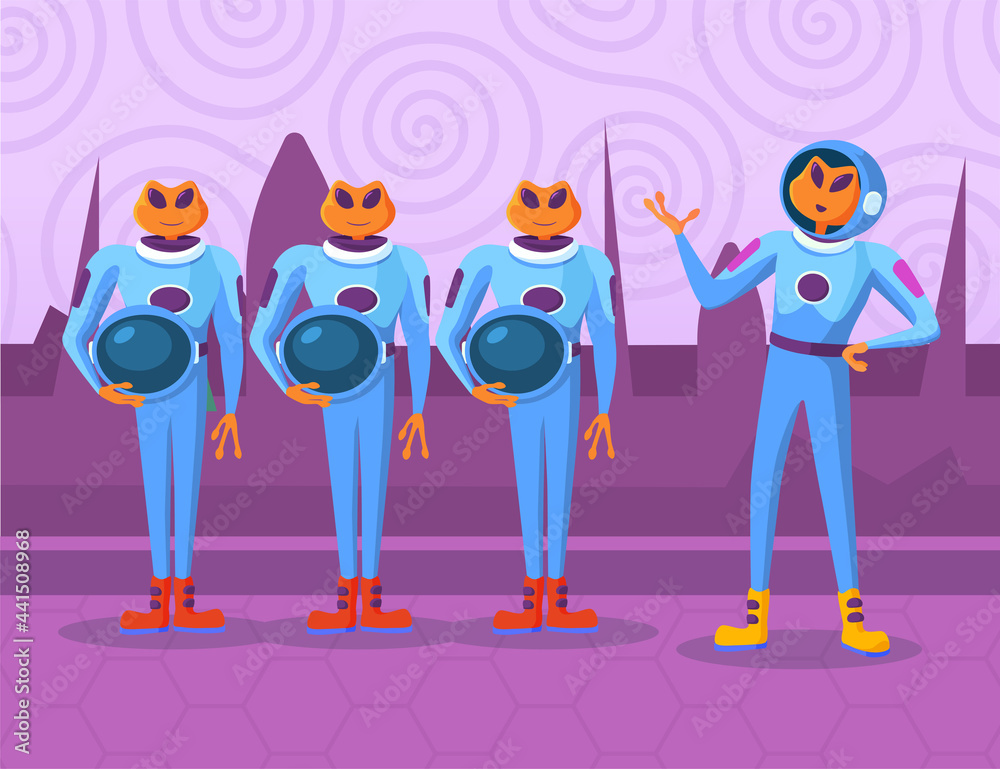 Cartoon aliens characters standing and listening to order of chief ...