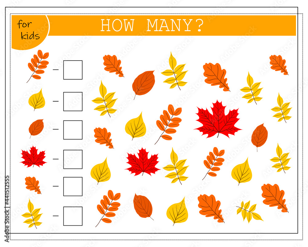 Math game for kids count how many there are in total. autumn leaves of ...