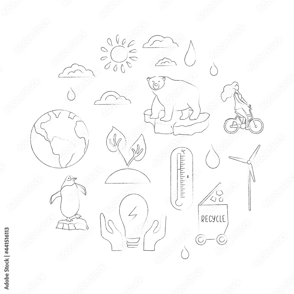 Global warming icon set in outline sketch style isolated on white ...