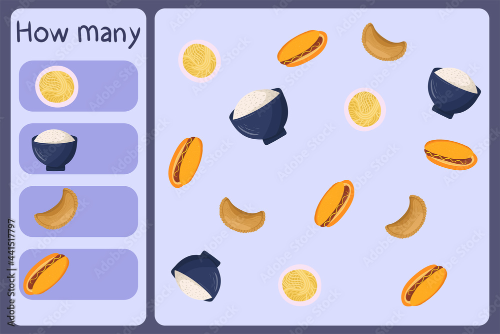 Kids mathematical mini game - count how many foods - noodle, rice ...