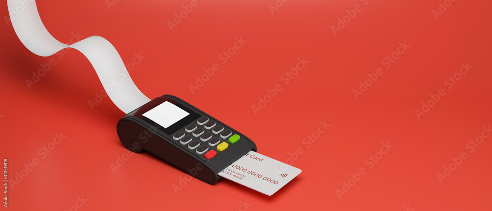 Payment terminal with credit card and receipt isolated on red ...