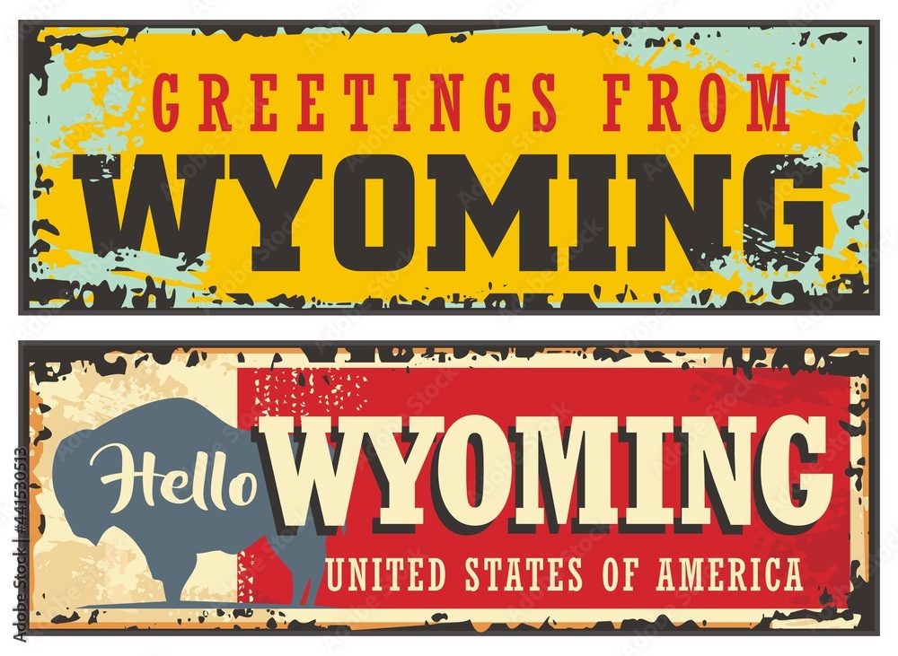 Wyoming United States retro souvenir card template design. Vintage sign ...
