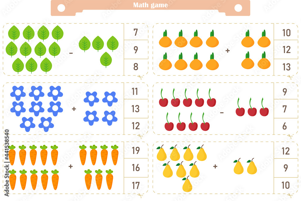Math game for children. Addition and subtraction. The score is 1-20 ...