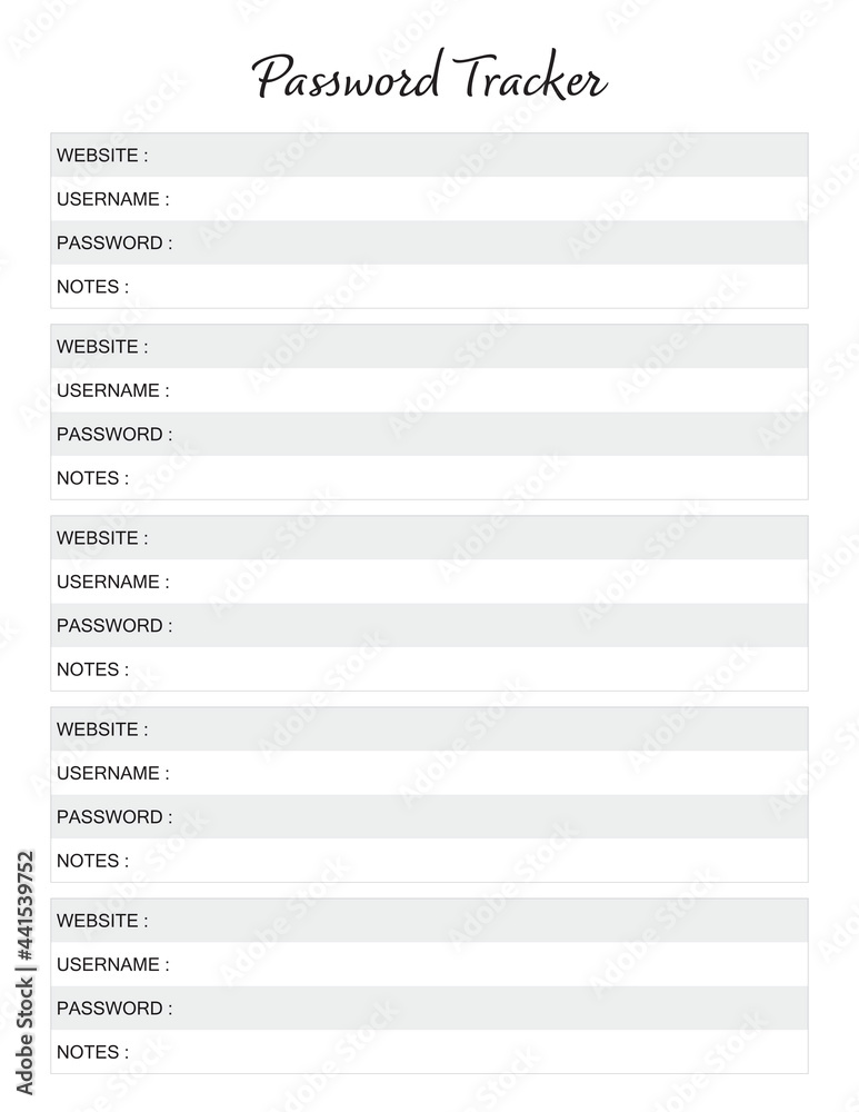 Password tracker template, classic organised planner Stock Vector ...