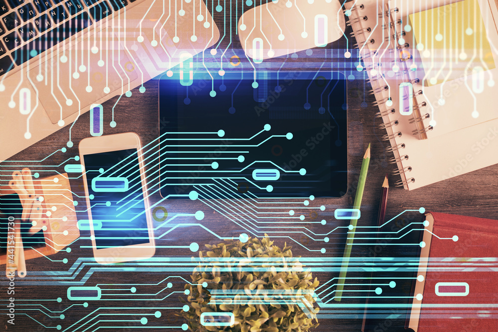 Double exposure of technology theme drawing over work table desktop ...