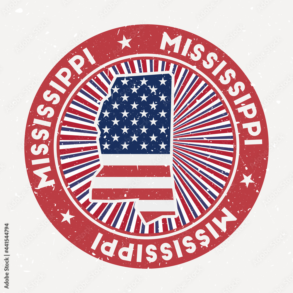Mississippi round stamp. Logo of us state with flag. Vintage badge with ...