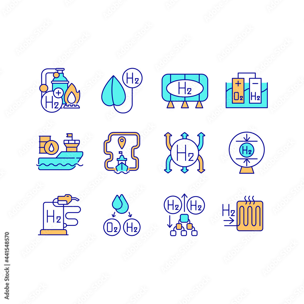 Hydrogen technologies RGB color icons set. Achieving carbon neutrality ...