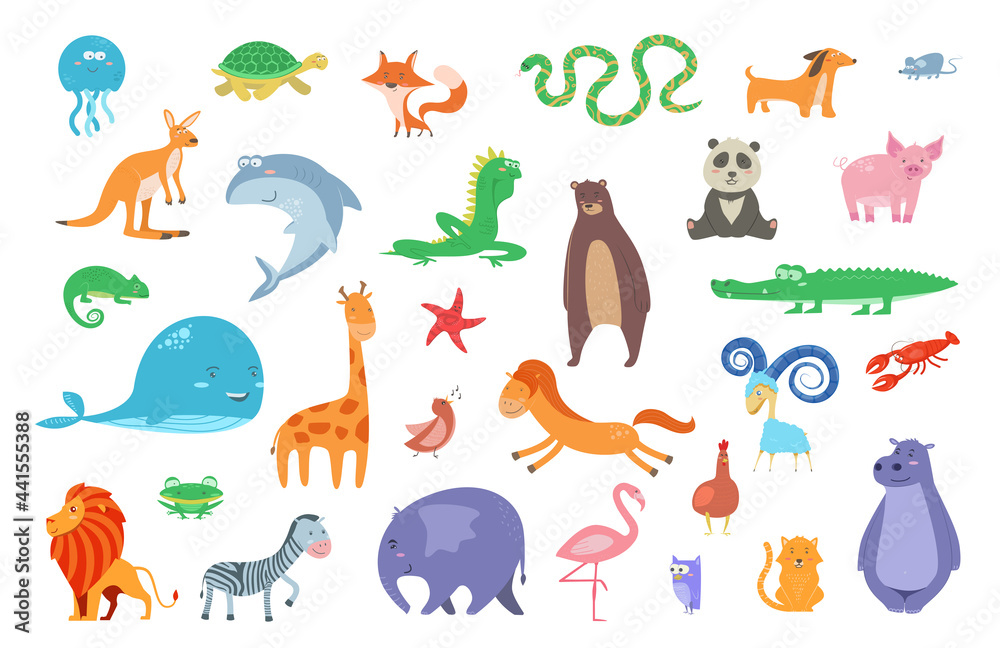 Set of Cute cartoon wild and farm domestic animals and birds isolated ...