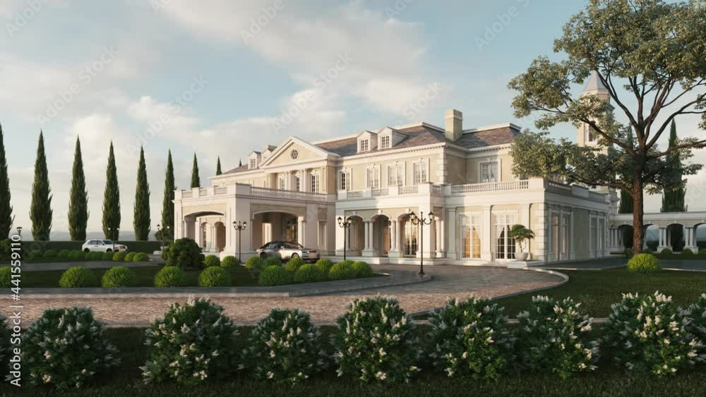 Luxury Mansion with garden. Expensive cars in the mansion. Luxury ...