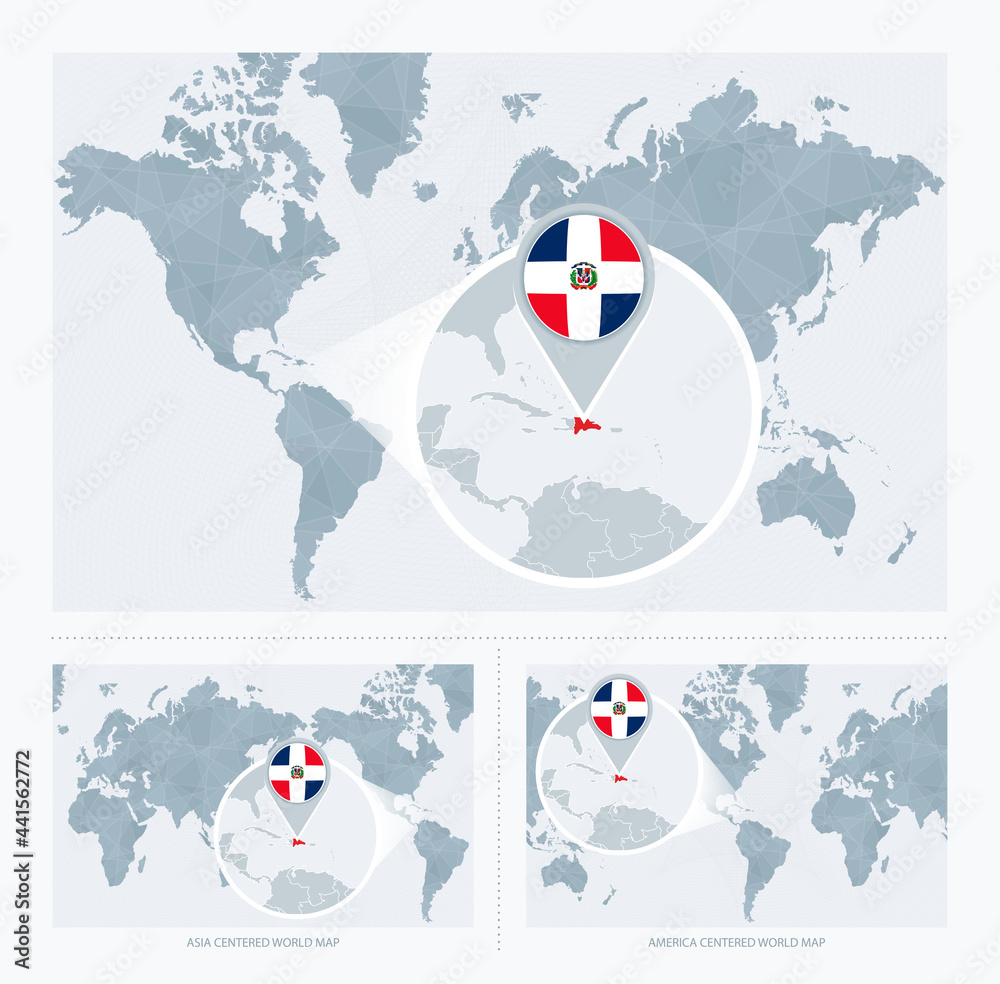 Magnified Dominican Republic over Map of the World, 3 versions of the ...