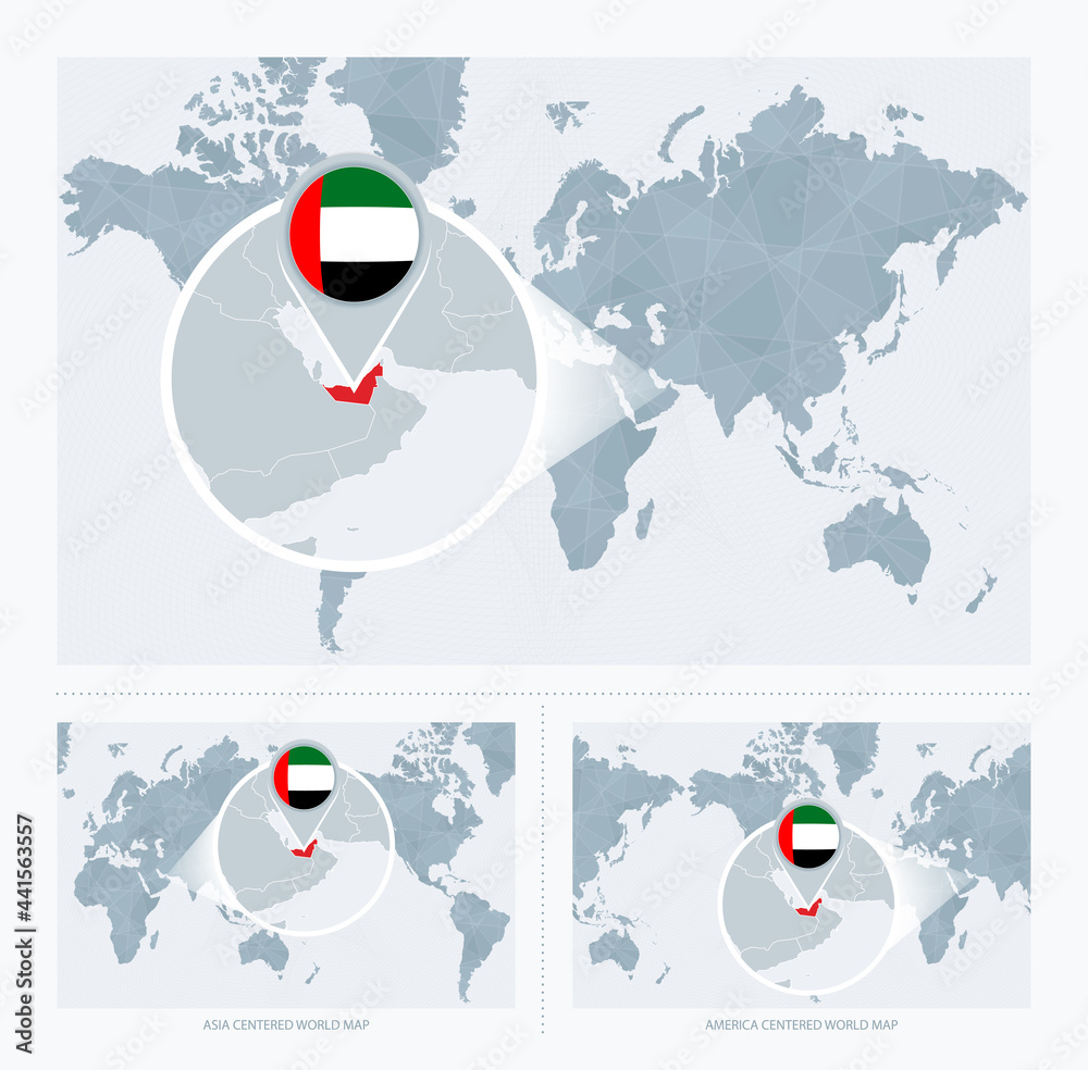 Magnified United Arab Emirates over Map of the World, 3 versions of the ...