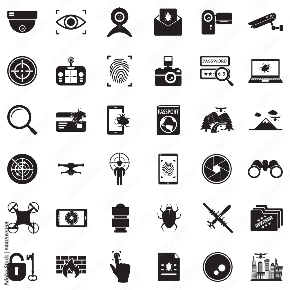 Surveillance Icons. Black Flat Design. Vector Illustration. Stock ...