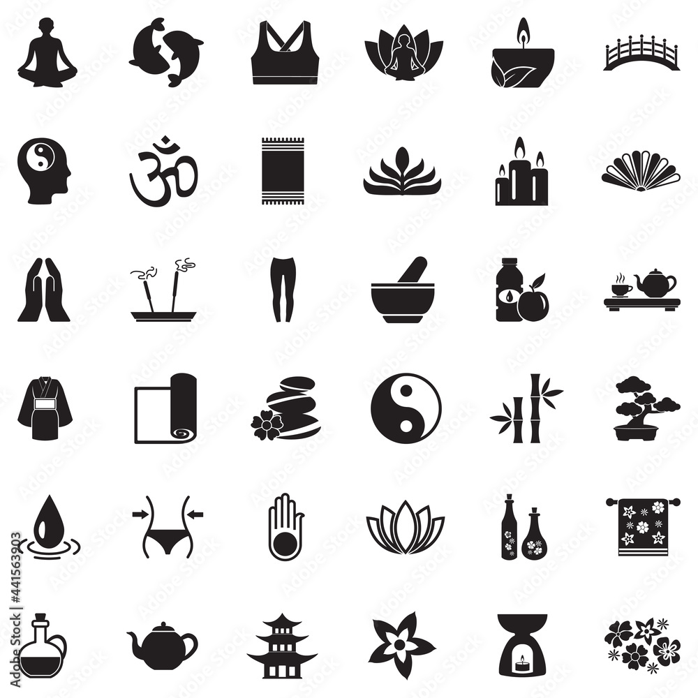 Yoga And Zen Icons. Black Flat Design. Vector Illustration. Stock ...