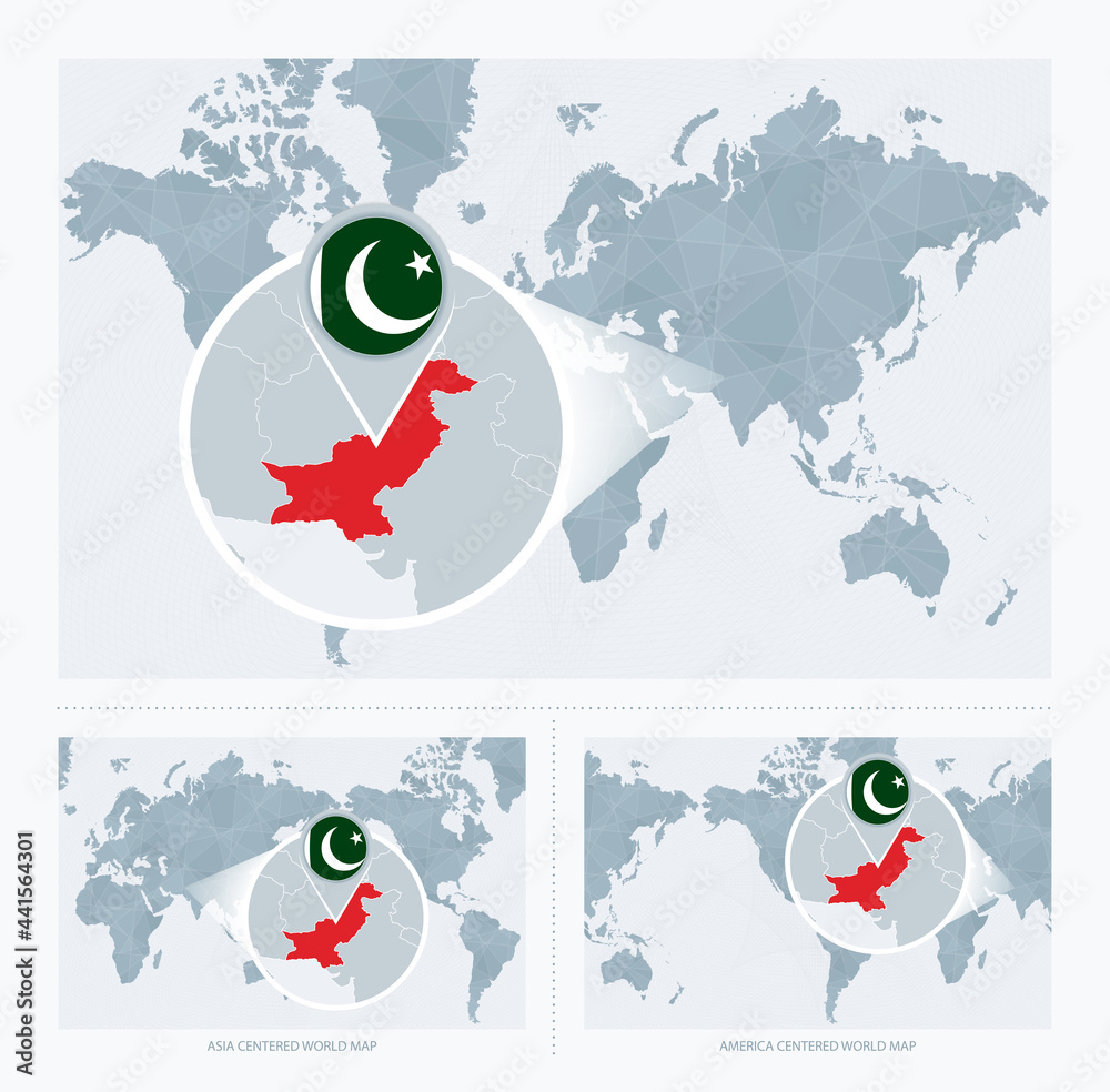 Magnified Pakistan over Map of the World, 3 versions of the World Map ...