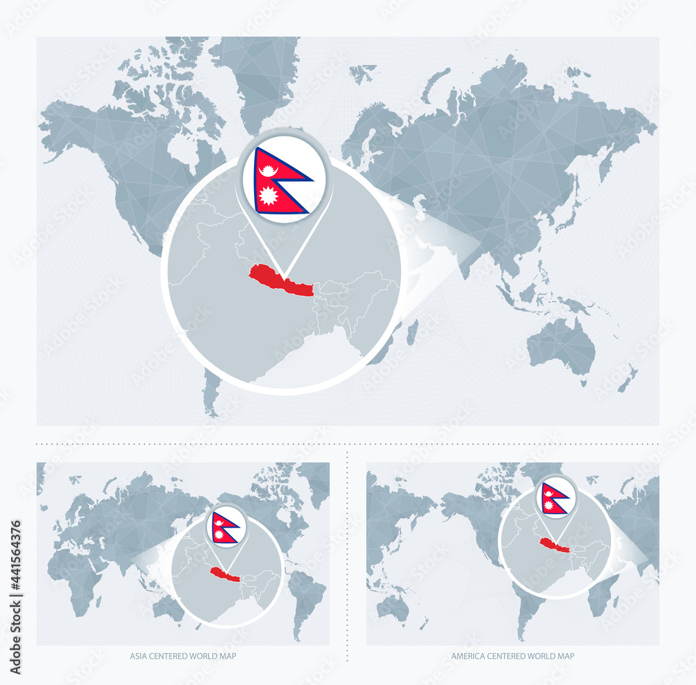 Magnified Nepal over Map of the World, 3 versions of the World Map with ...