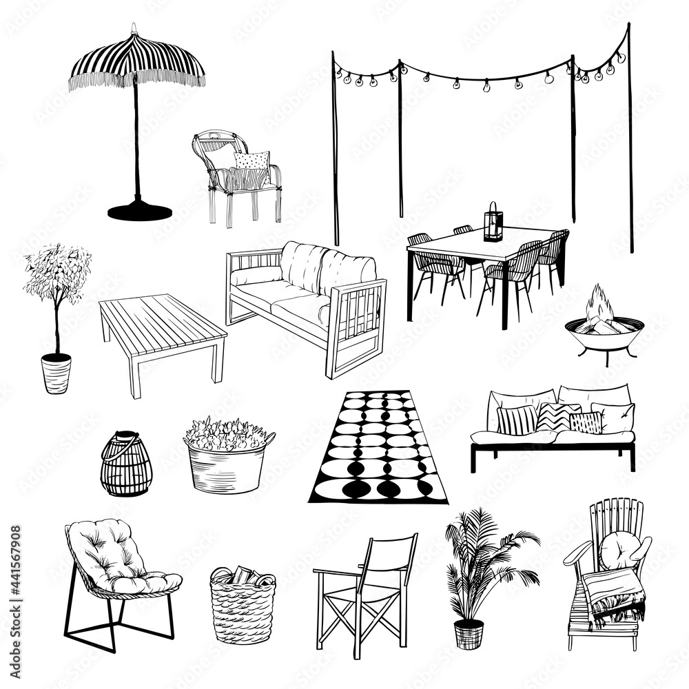 Outdoor patio scenario sketch. watercolor vector illustration Stock ...