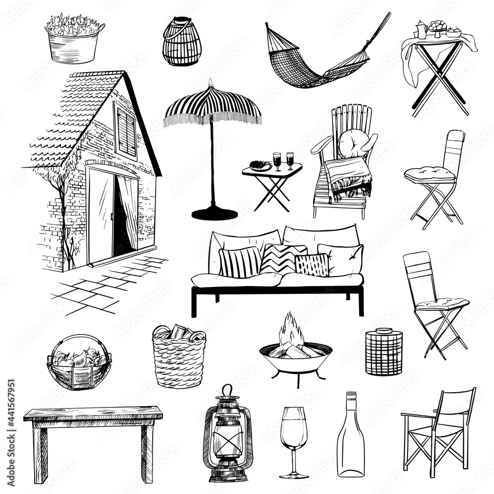 Outdoor patio scenario sketch. watercolor vector illustration Stock ...