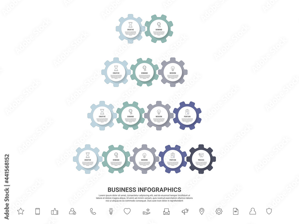 Infographic set gears with 2, 3, 4, 5 steps. Modern vector timeline ...