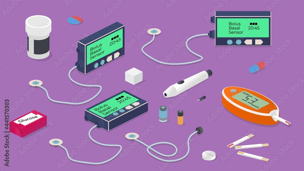 Isometric diabetes equipment set with insulin pump, glucometer, test ...